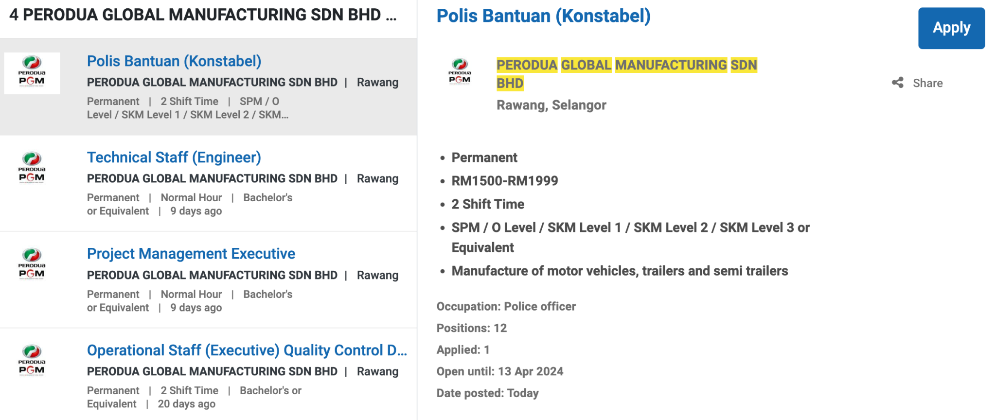 Iklan Jawatan Kosong Perodua Global Manufacturing Sdn Bhd • Portal Kerja Kosong Graduan